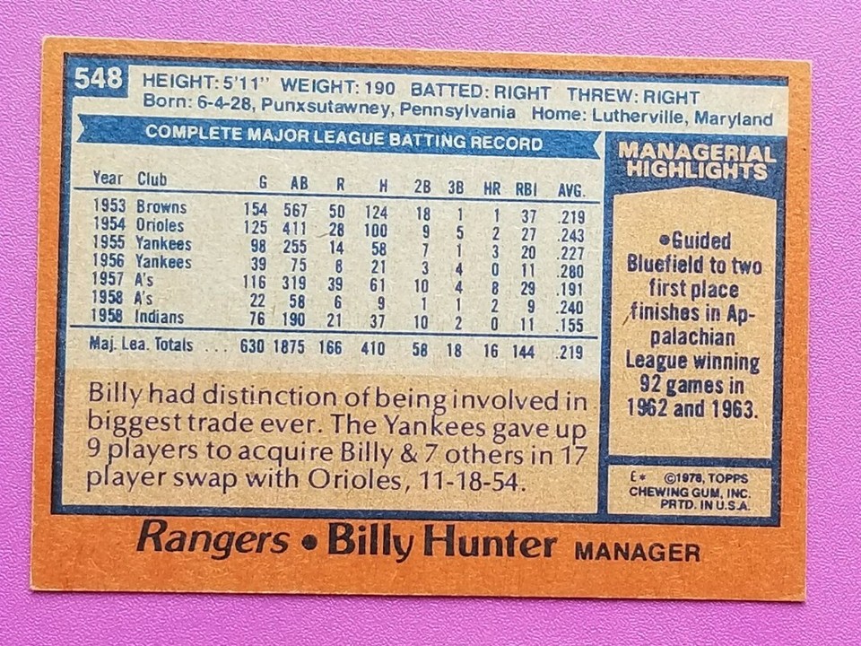 1978 Topps #548 Billy Hunter - Rangers | eBay