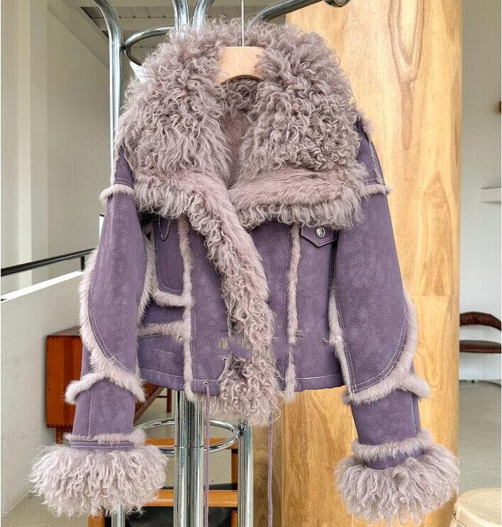 Rabbit Fur Coat Women's Short Biker Jacket Lamb Fur Collar Punk Leather ...