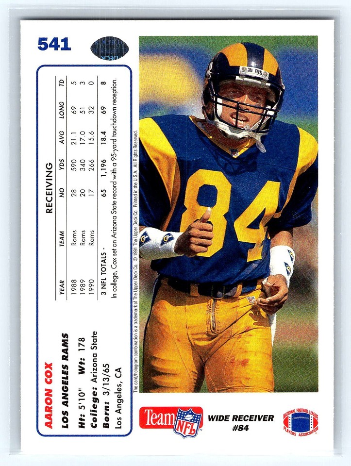 1991 Upper Deck #541 Aaron Cox Football Los Angeles Rams | eBay