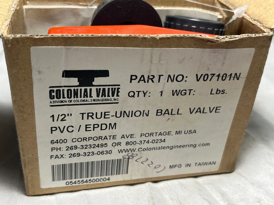 NEW Colonial Valve V07101N 1/2” True Union Ball Valve PVC/EPDM | eBay
