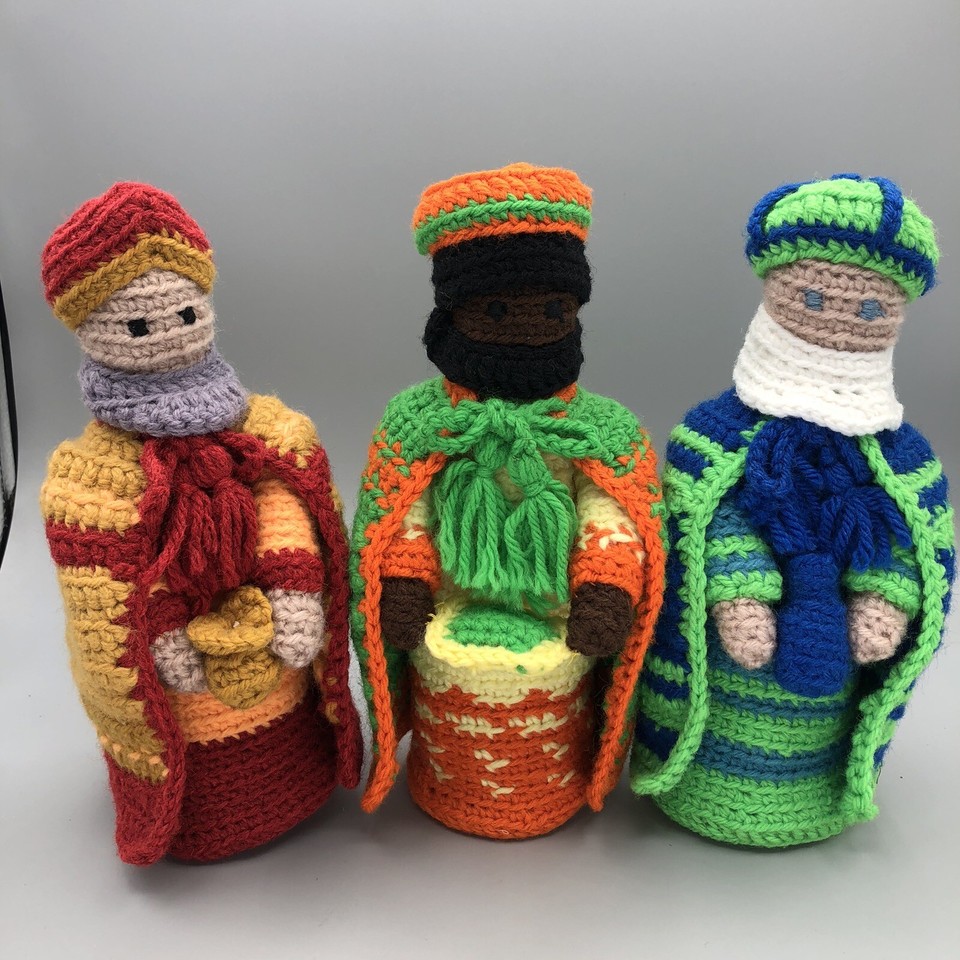 Vintage Handmade Crocheted Christmas Nativity Set Dolls Figures 11 ...