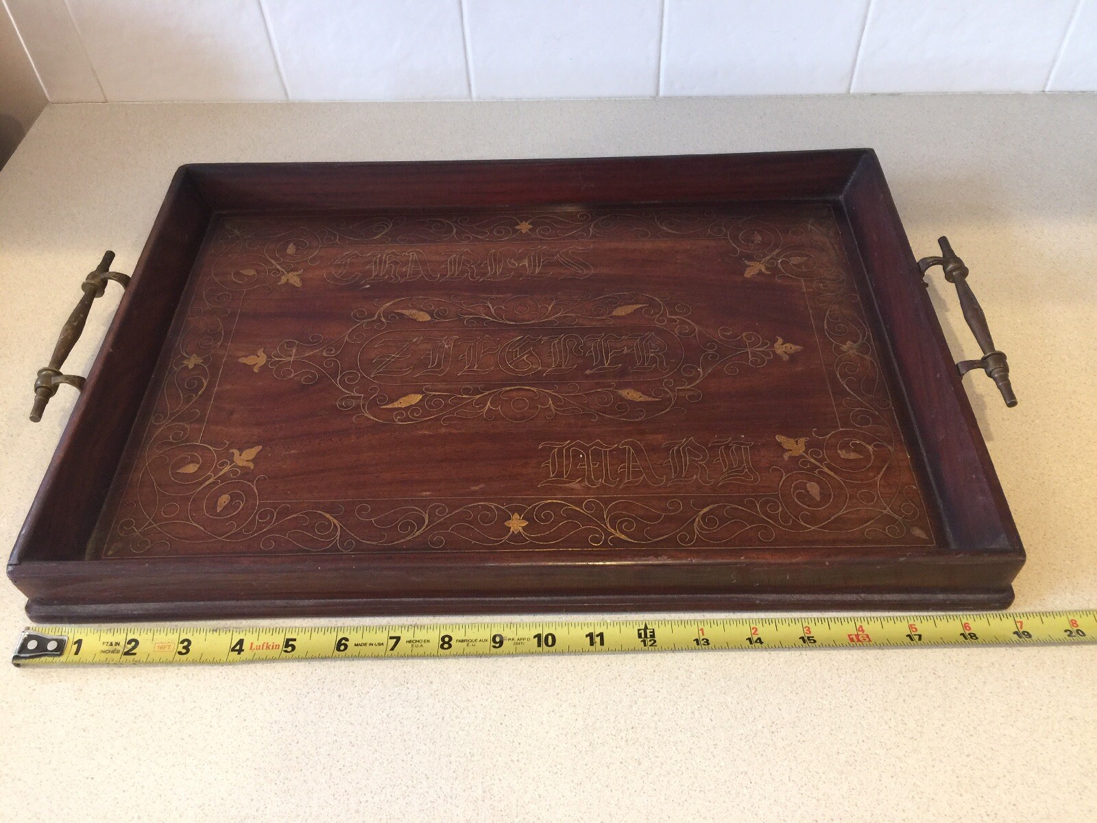 Antique Fine Brass Inlay Wooden Serving Tray CHARLES & MARY ZIEGLER | eBay