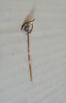 NICE ANTIQUE ESTATE 14K GOLD "WISHBONE" STICK PIN w/ FLOWER & DIAMOND ...