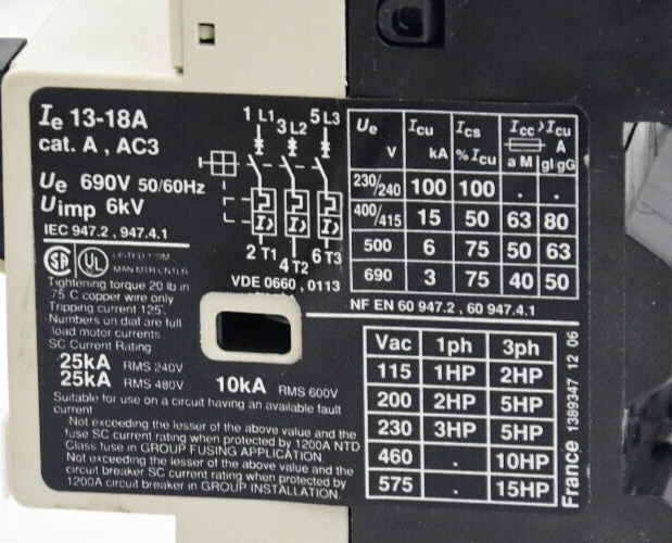 GV2-M20 Telemecanique 13-18A 600V 3P Manual Starter -SA | eBay