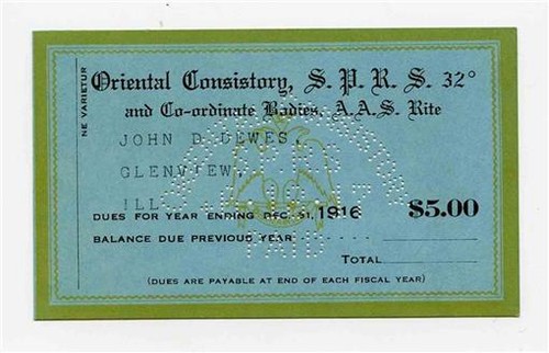 1916 Oriental Consistory S P R S 32 Dues Card PAID Shrine Masonic | eBay