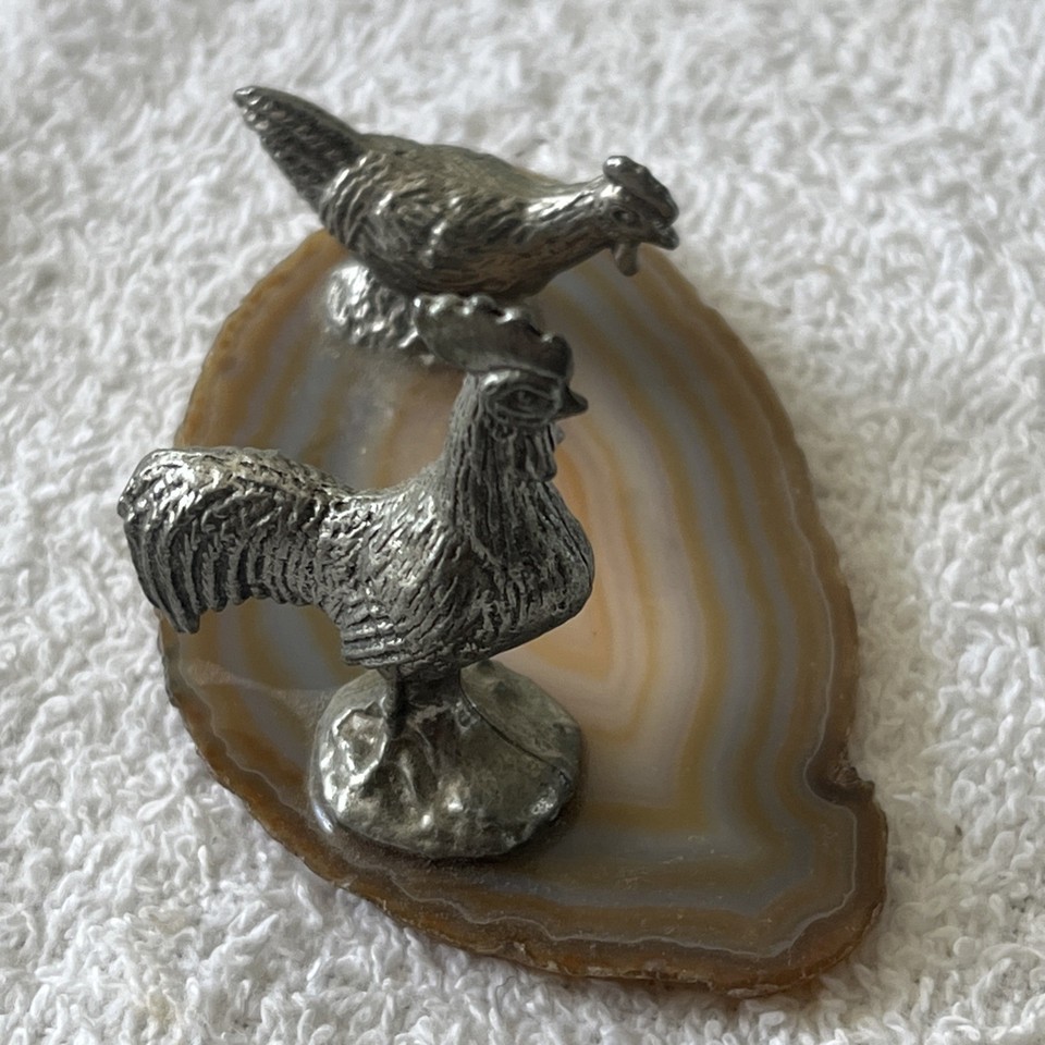 Metal Miniature Rooster And Hen On Stone | eBay