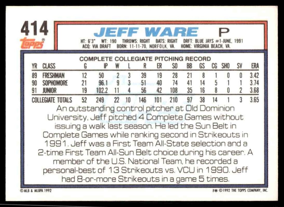 1992 Topps Jeff Ware Toronto Blue Jays #414 | eBay