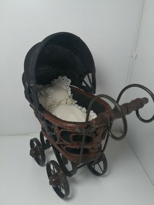 Vintage Rare Victorian Style Wicker Baby Doll Carriage Metal Wheels ...