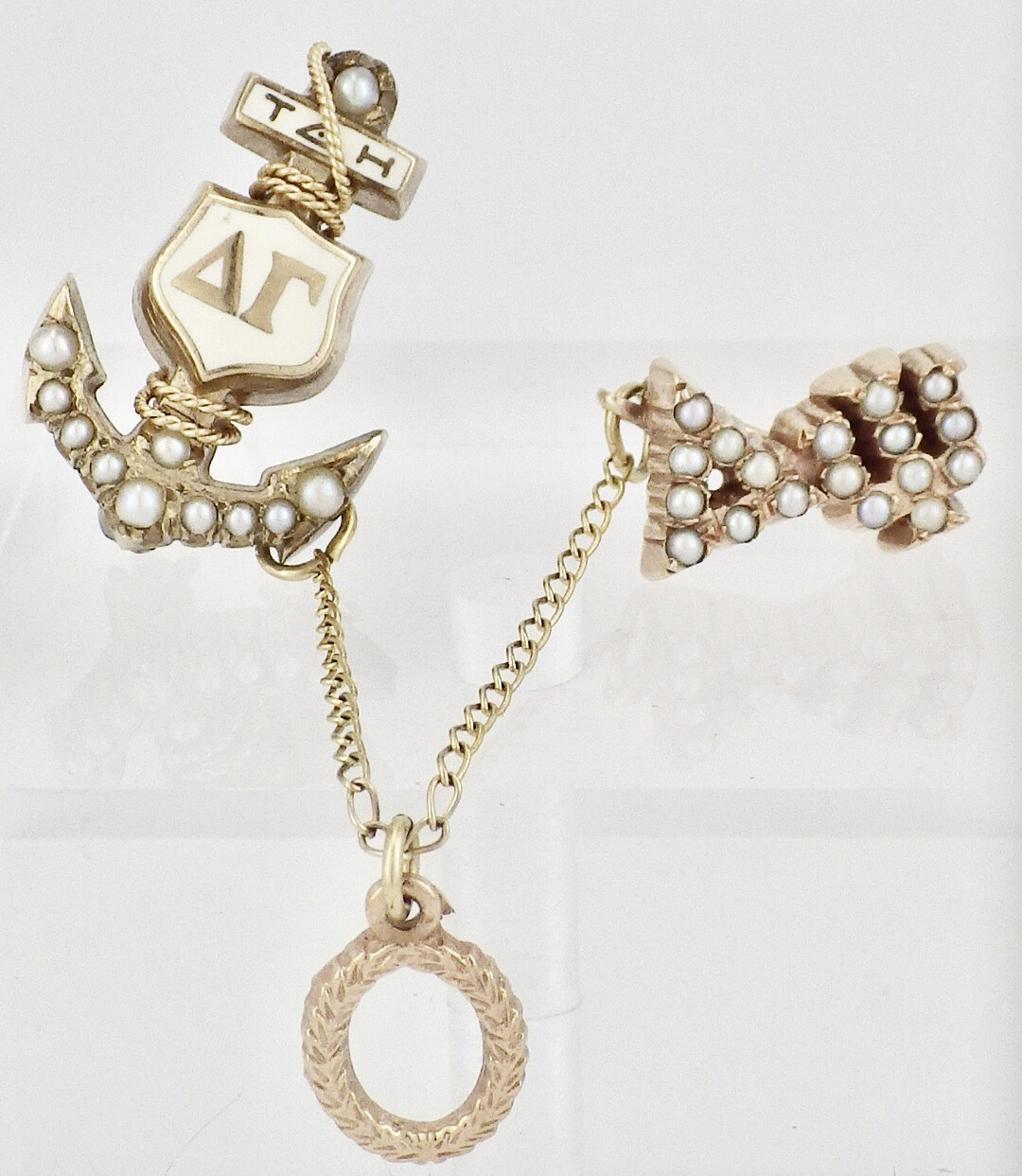 Vintage 1978 10K Yellow Gold Pearl Delta Gamma Sorority Pin w/Hanging ...