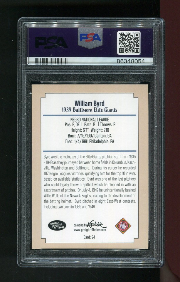 BILL BYRD 2020 DREAMS FULFILLED NEGRO LEAGUE LEGENDS #94 - PSA 9 MINT ...