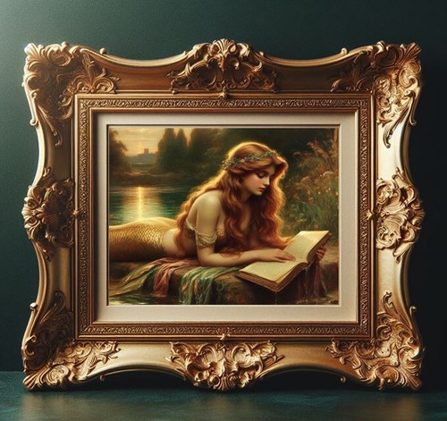 Gold Mermaid Reading Vintage 18th century style Wall painting picture ...