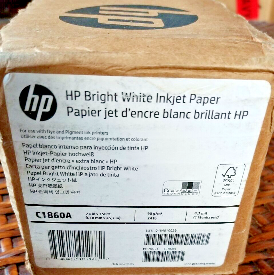HP Bright White Inkjet Paper 24" x 150 ft Roll C1860A Designjet 4.7 mil ...