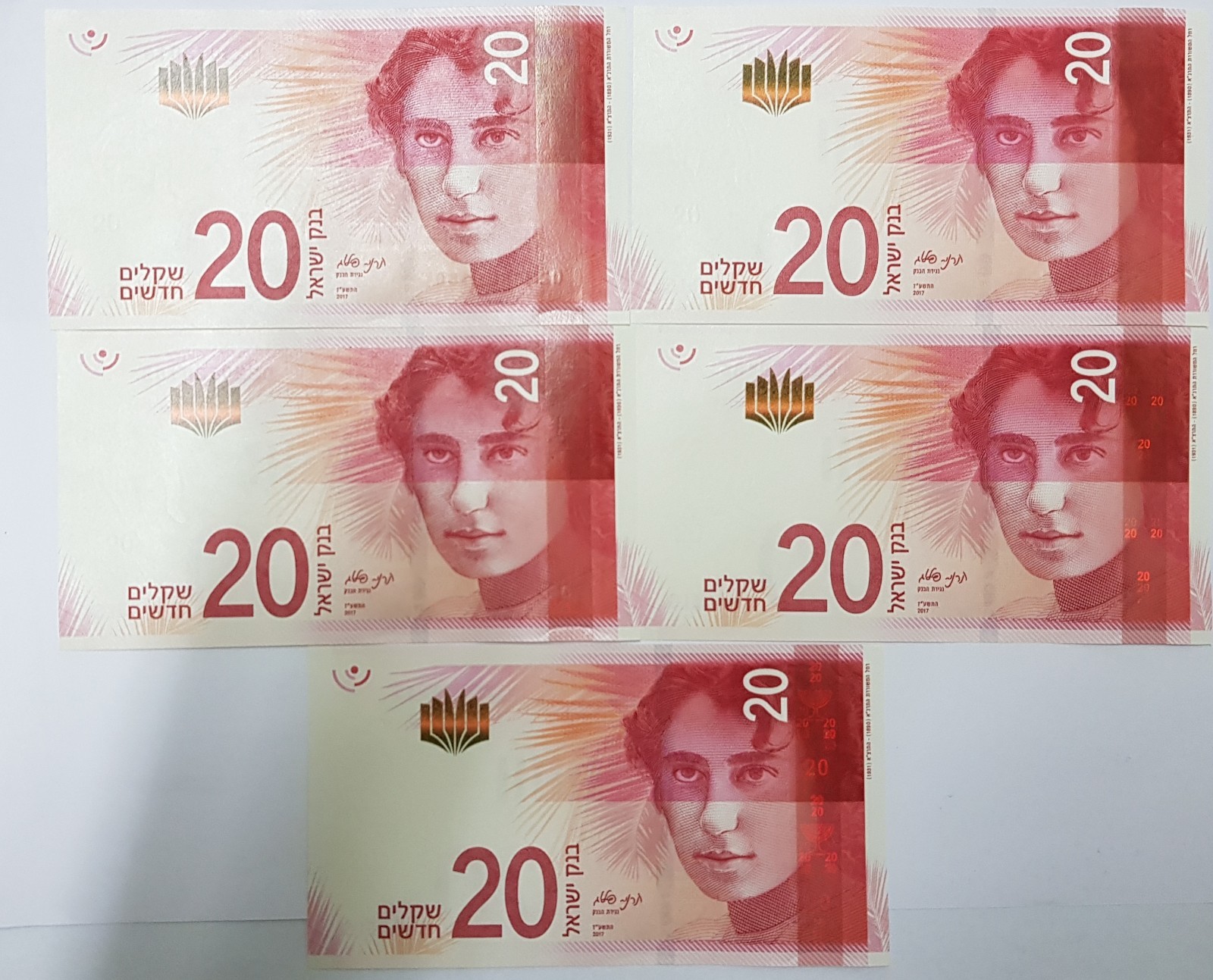 Brand New 20 Shekels Lot of 5 Bills Israeli Paper Money Following ...