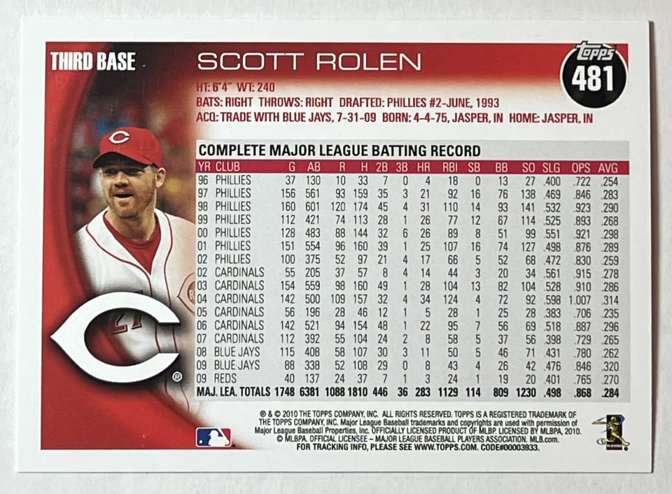 2010 Topps Baseball #481 Scott Rolen Cincinnati Reds Mint | eBay