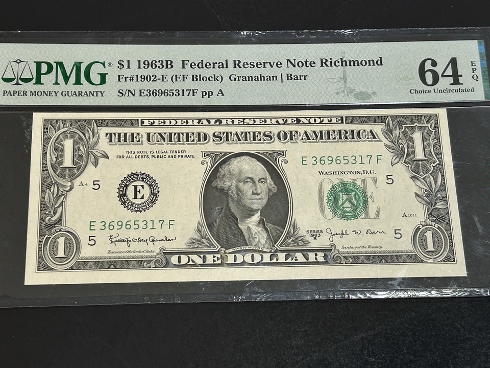 1963 B $1 Federal Reserve BARR Note ***PMG 64 Unc EPQ*** US Bill LOW ...