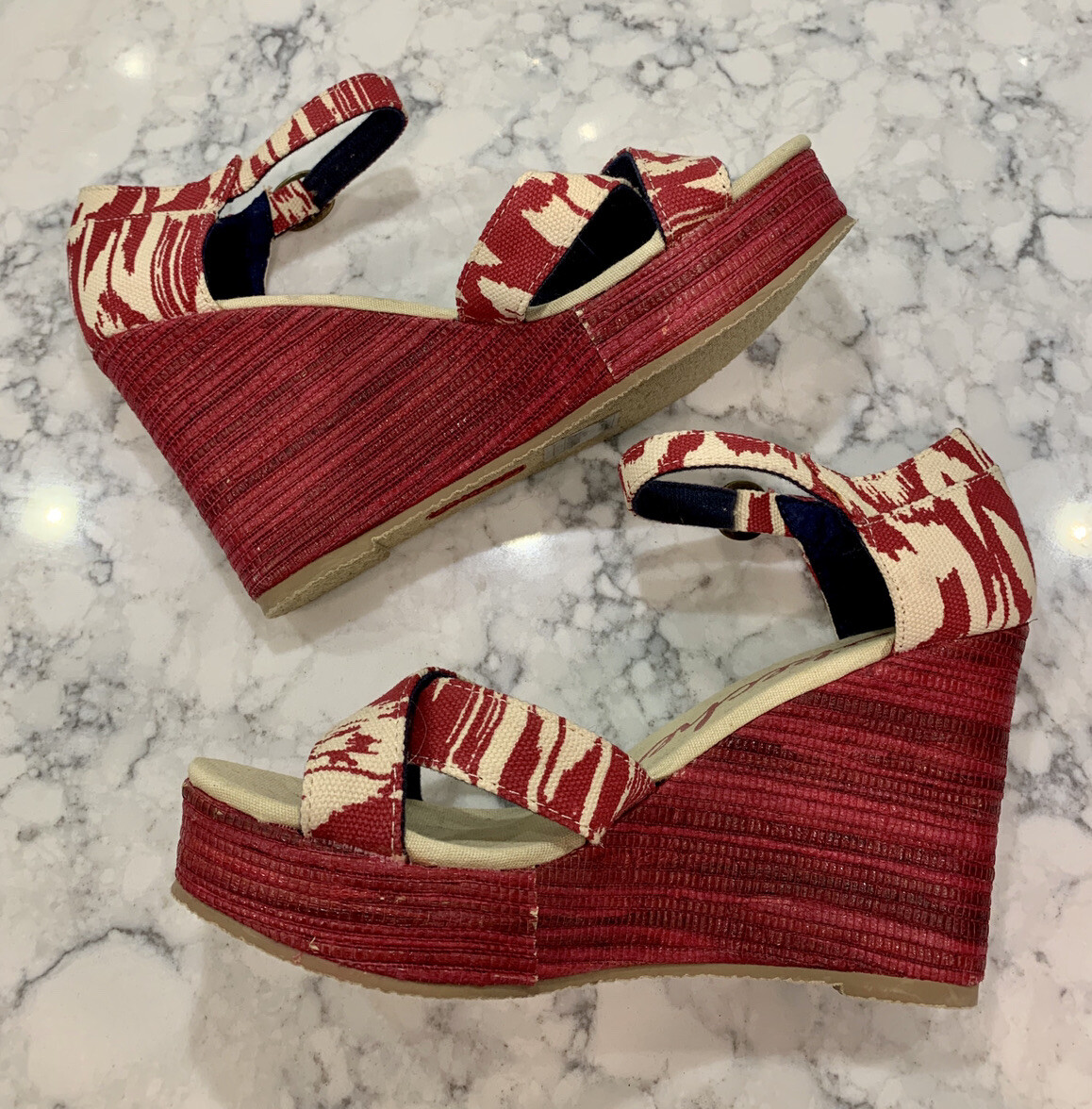 Skechers Bomb Shell Wedge Heels Sandals Size 8 Red Ikat Print | eBay
