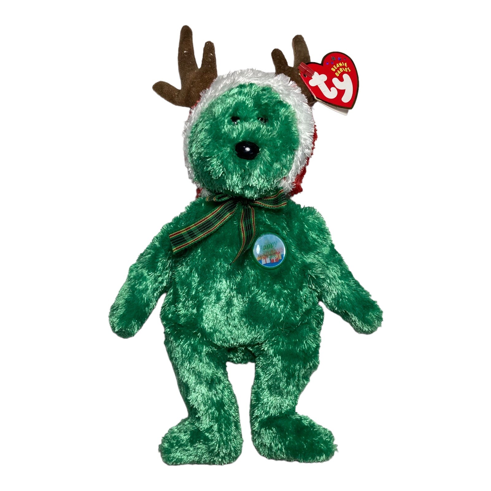 2002 HOLIDAY TEDDY Bear Plush, Green w/ Antlers & Original TY Beanie ...