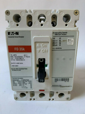 FD3070 Cutler Hammer 70 Amp 600V 3 Pole Bolt On Circuit Breaker 35kA ...
