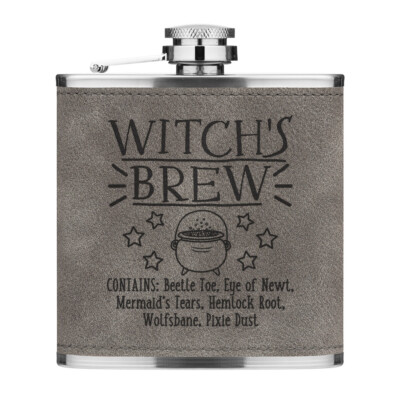 Witch's Brew 6oz PU Leather Hip Flask Grey Funny Joke Magical Wizard ...