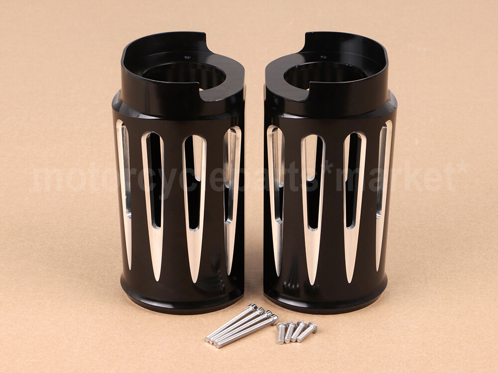 Shallow Cut Black Fork Boot Set Slide Cow Bells For Harley Street Glide ...