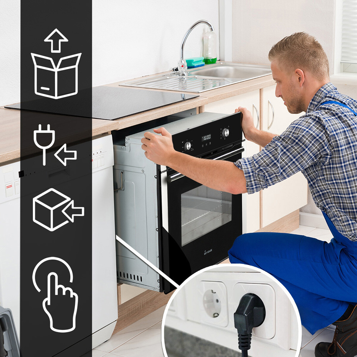 Einbaubackofen 60 cm 70L Grill Umluft Heißluft Pizzafunktion Automatik ...