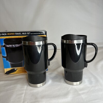 2-Pack Heated Travel Mug Set Stainless Steel Interior Cup Coffee Tea ...