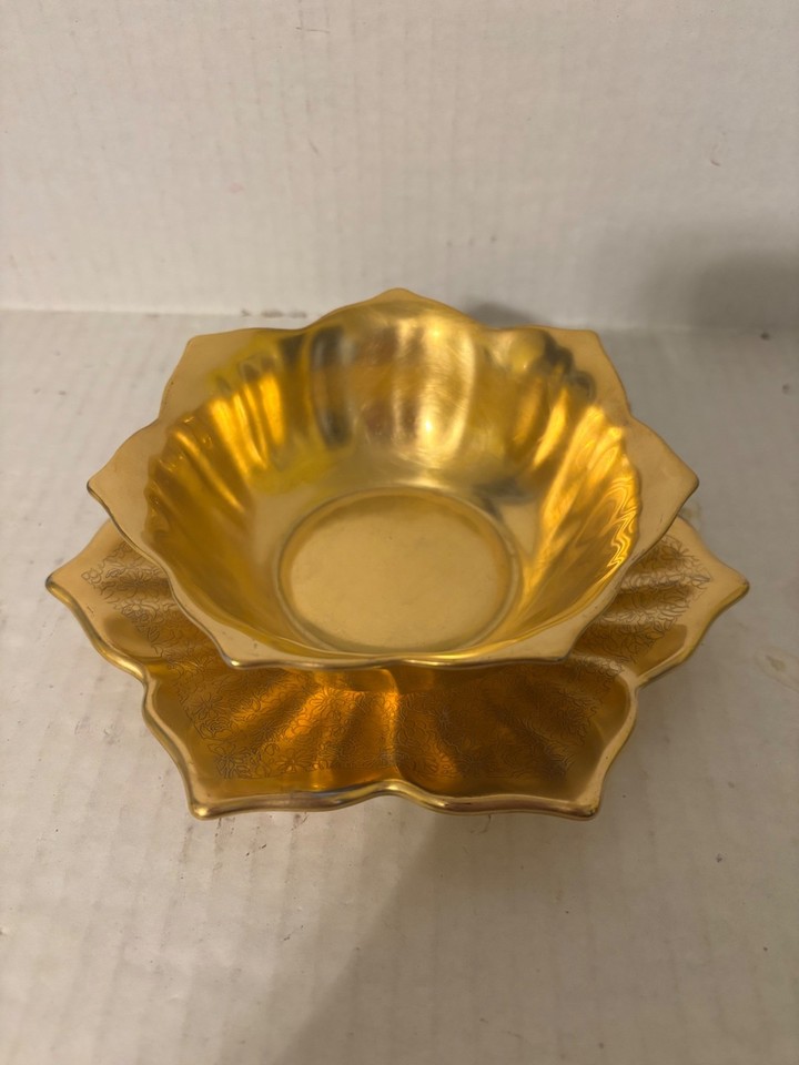 VINTAGE PICKARD GOLD DAISY AND ROSE PORCELAIN LOTUS BOWL AND UNDERPLATE ...