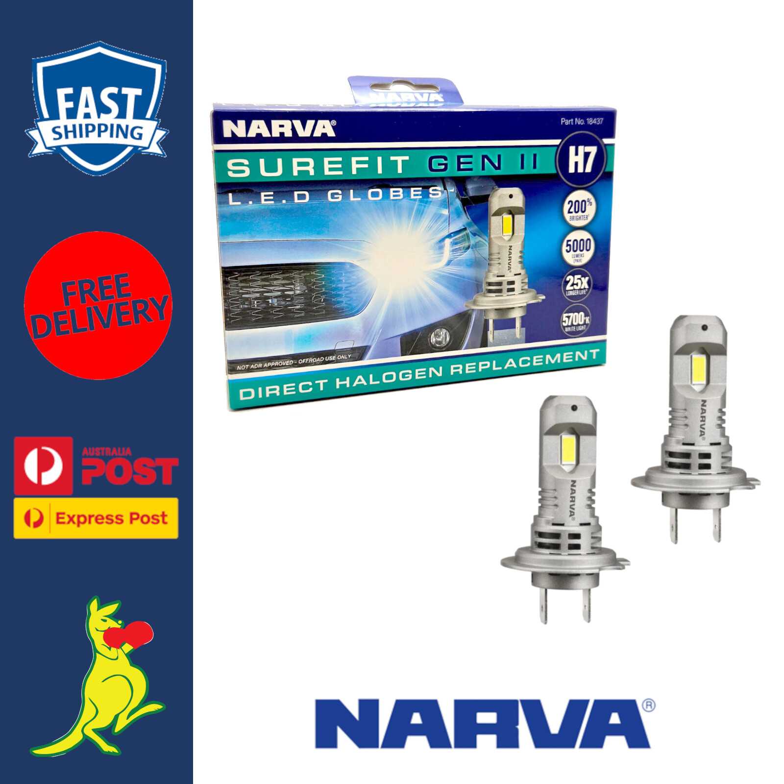 Narva H7 LED Globes Surefit GEN II 12V / 24V Pair H7 LED Headlight Kit ...