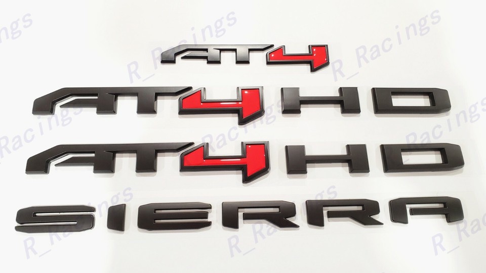 4PCS Matte Black Red AT4 HD Emblems Sierra Letters Fit GMC Sierra ...