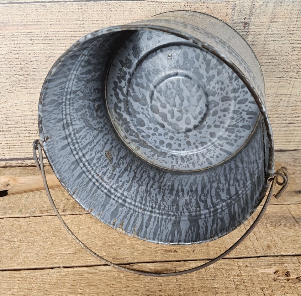 Antique Gray Enamel Graniteware Berry Pail Bucket w/handle 5" tall | eBay