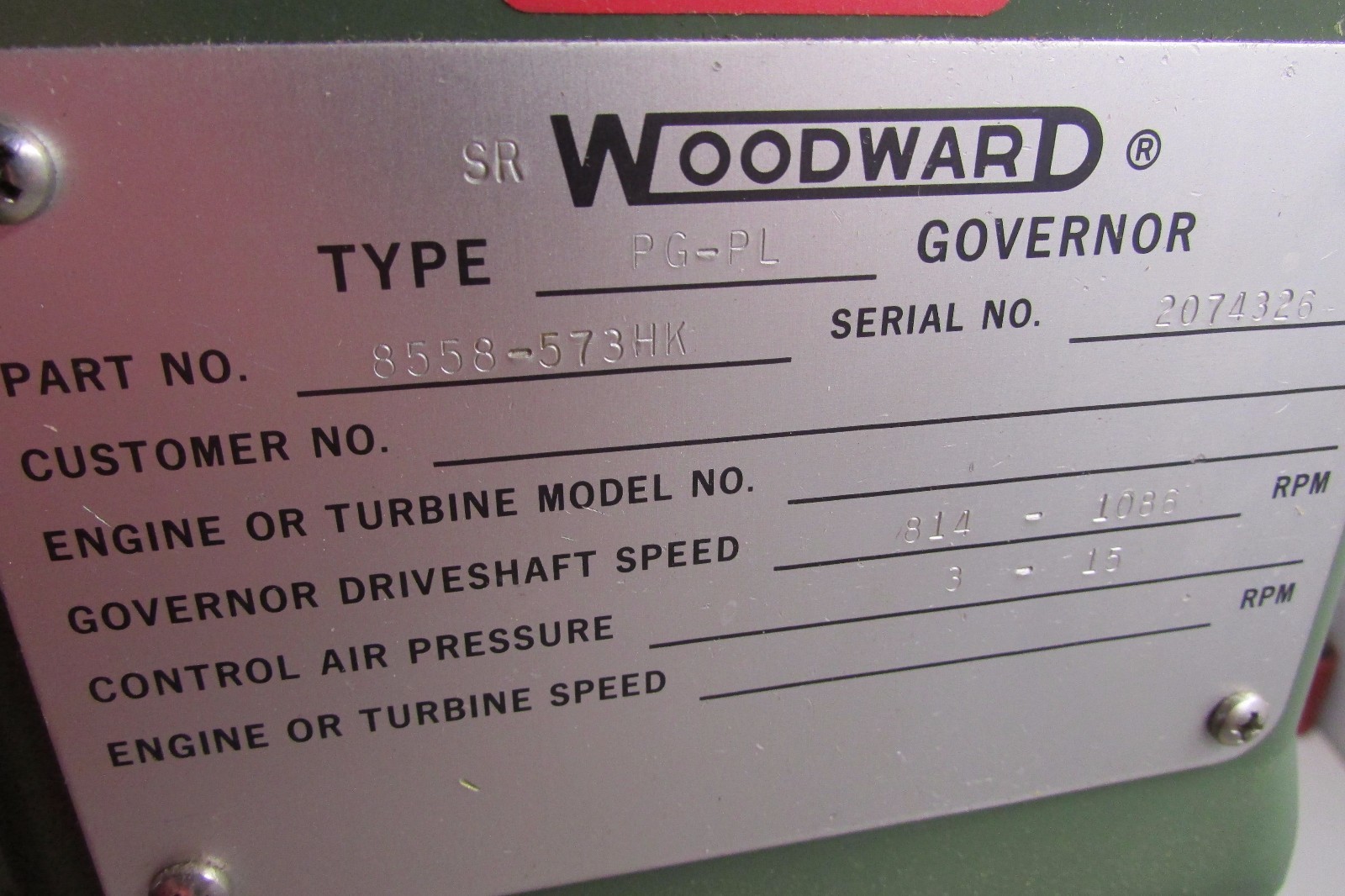 Woodward PG-PL Governor 8558-573HK RPM: 814-1086 Control Air Pres: 3-15 ...
