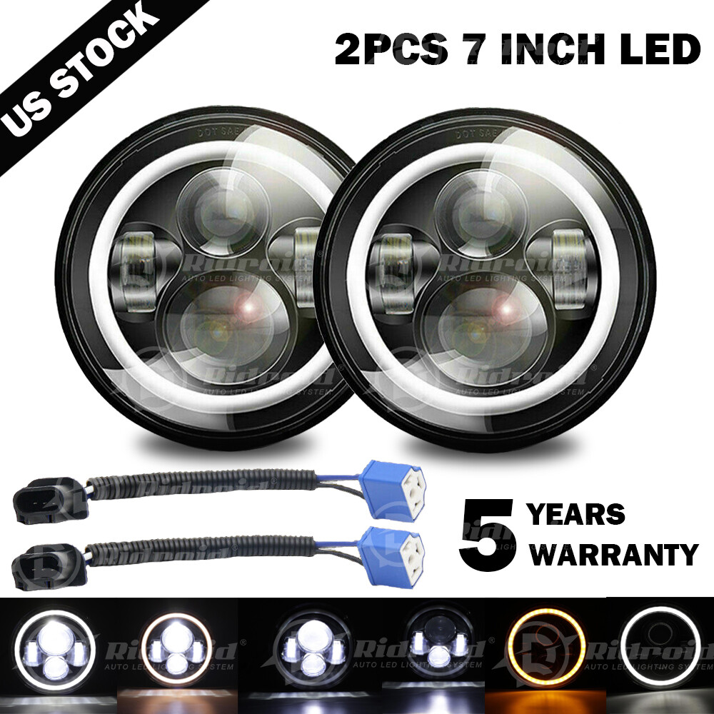 2x 7" Car Round LED Headlights Halo Angel Eyes Amber DRL For Kenworth ...