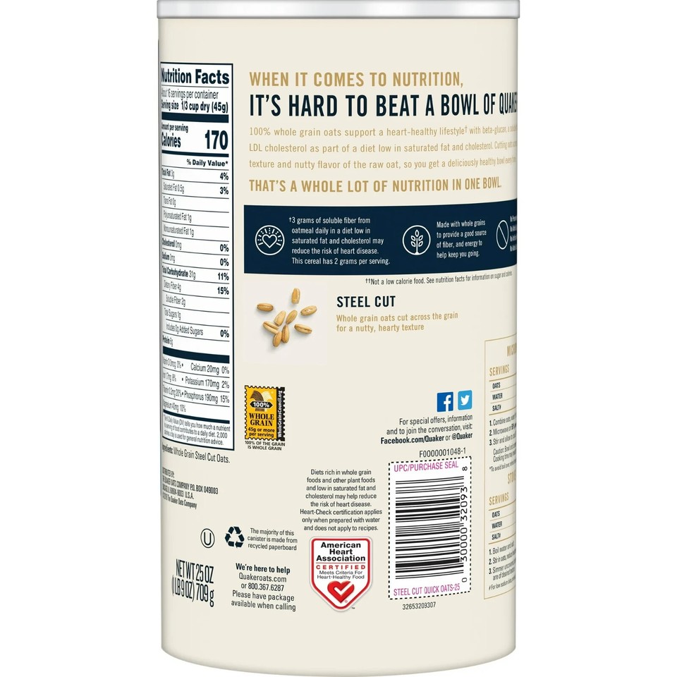 Quaker, Steel Cut Quick 3-Minute Oats, Microwave or Cook on Stovetop ...