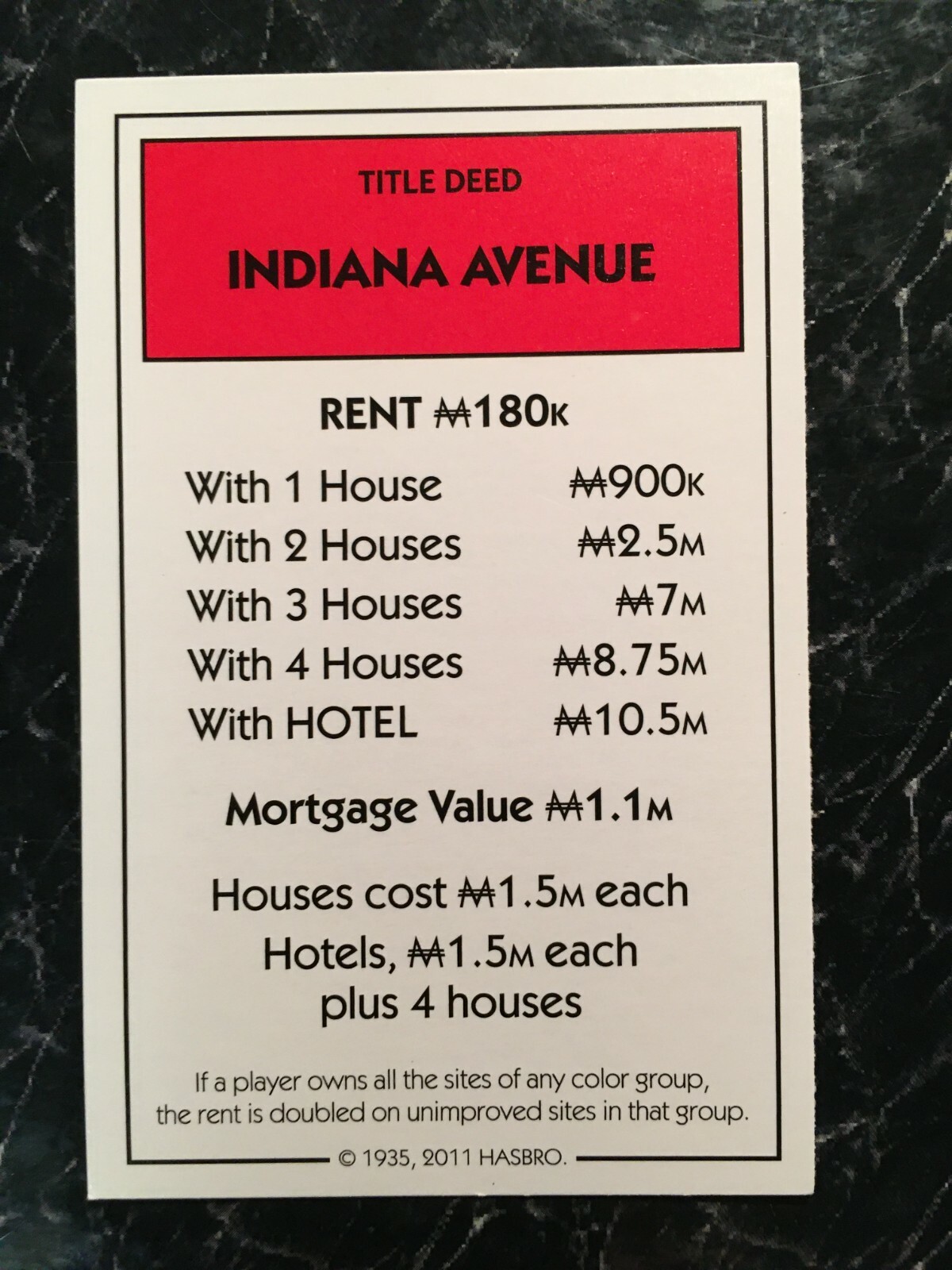 Monopoly Electronic Banking INDIANA AVENUE Title Deed Card 2011 | eBay