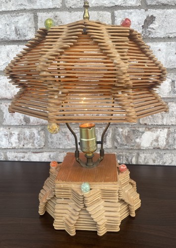 Vtg ‘60’s Tramp Art Lamp Layered Popsicle Sticks & Marbles Boho Cottage ...