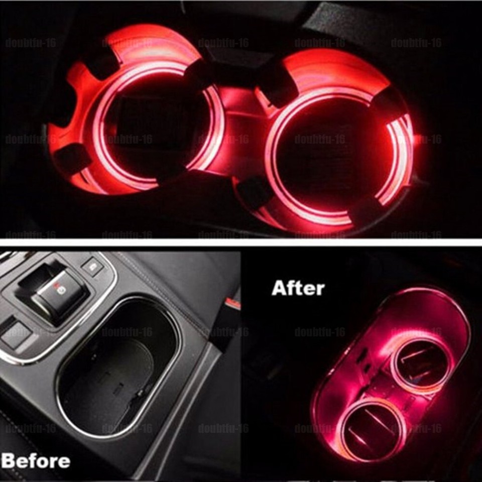 2Pcs Solar Energy Cup Holder Bottom Pad Red LED Light Cover Trim Car ...