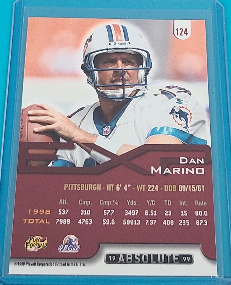 1999 Playoff Absolute EXP #124 Dan Marino Miami Dolphins Football Card ...