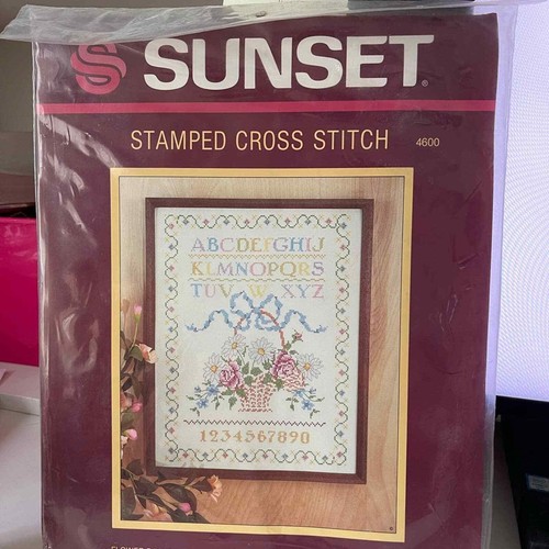 Sunset stamped Cross stitch kit Flower Basket Sampler 14X 18 inches New ...