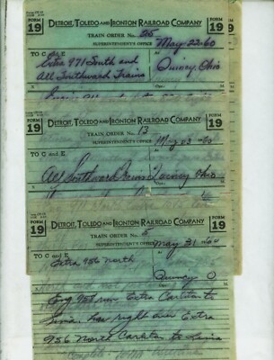 DETROIT, TOLEDO & IRONTON R.R. DT&I TRAIN ORDERS (16) QUINCY, OHIO 1955 ...