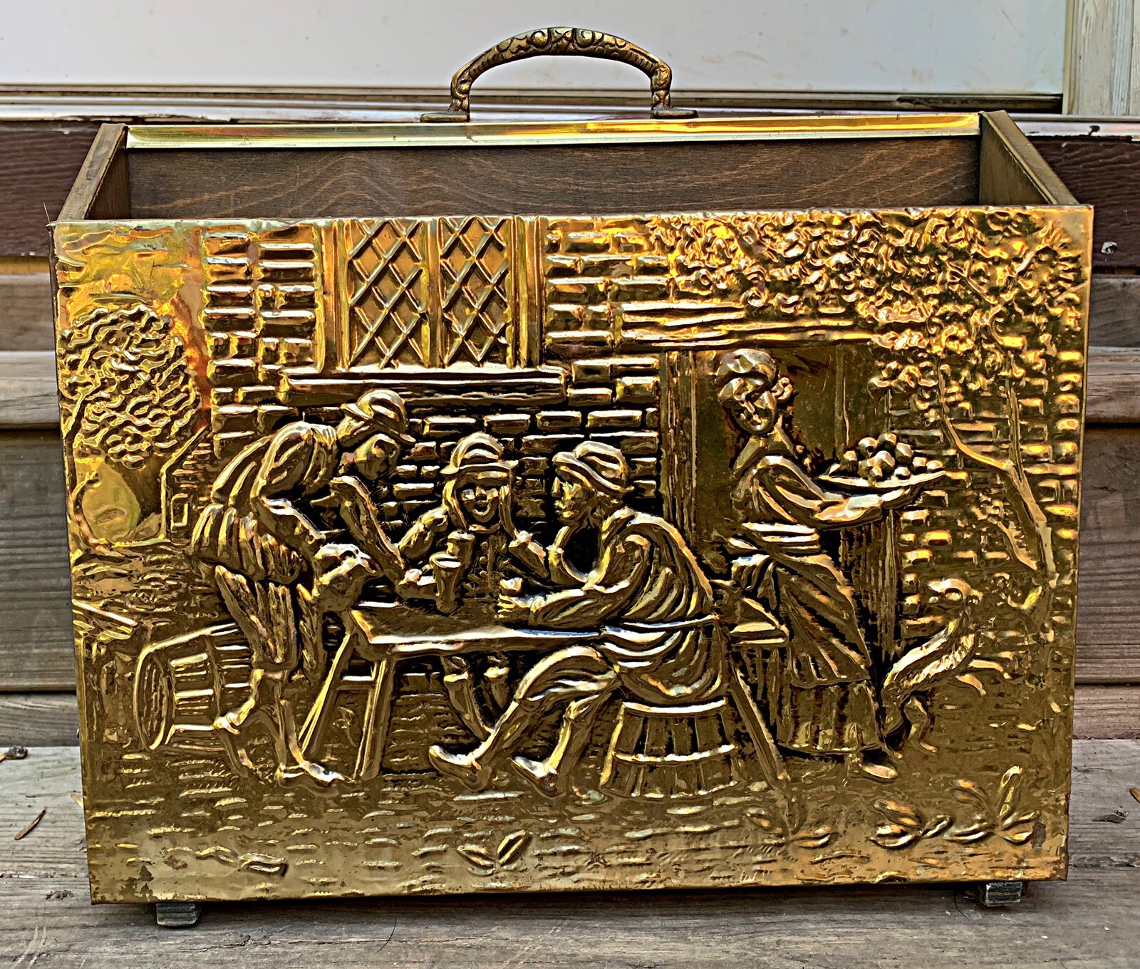 Embossed Hammered Brass and Wood Magazine Holder Double Slotted - LP ...