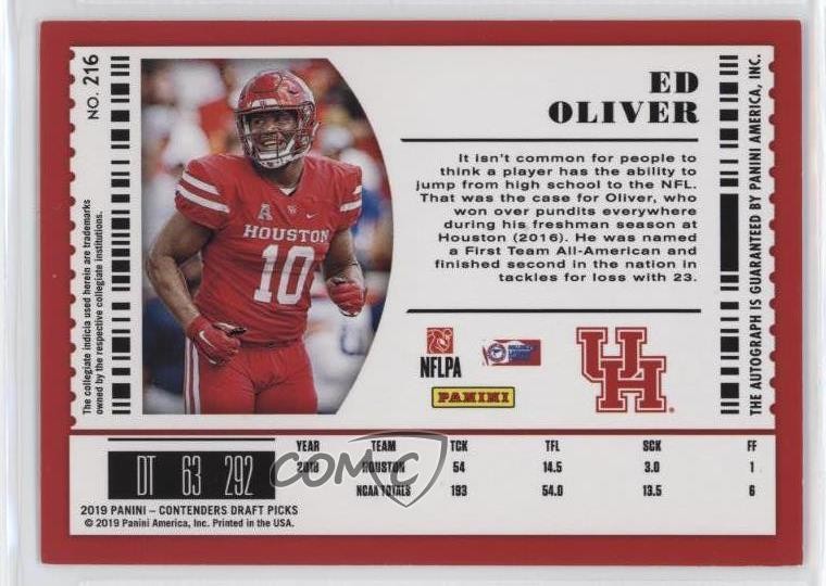 2019 Contenders Draft Picks College Bowl Ticket /99 Ed Oliver Rookie ...