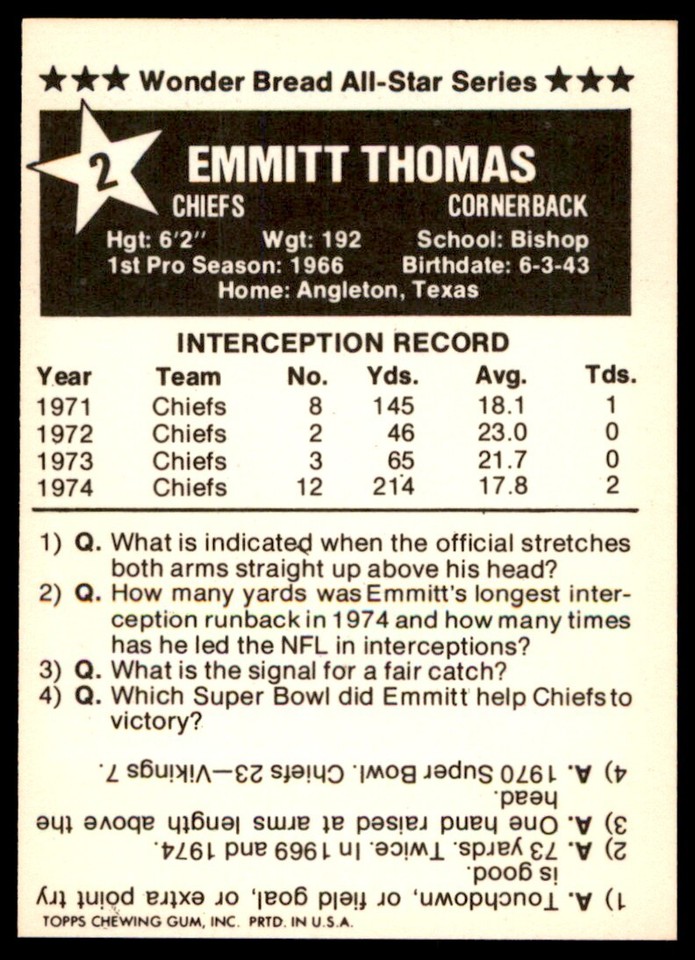 1975 WONDER BREAD EMMITT THOMAS KANSAS CITY CHIEFS #2D | eBay