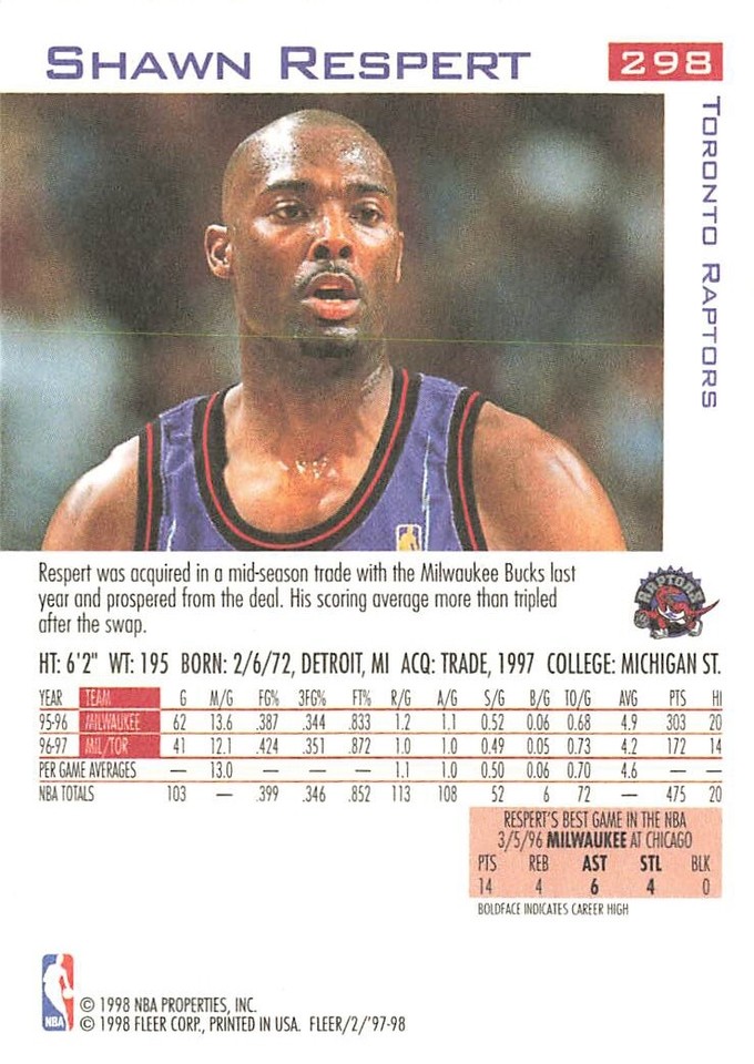 1997 Fleer #298 Shawn Respert Toronto Raptors | eBay
