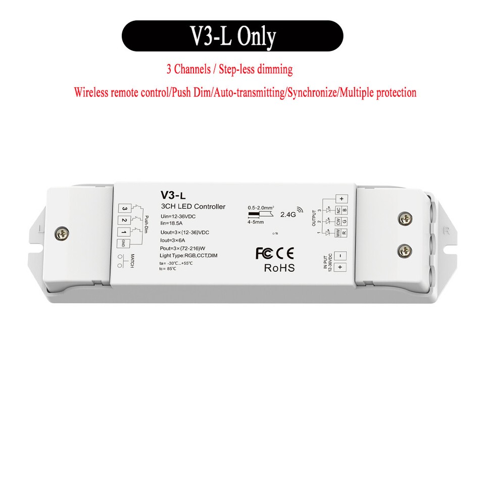 2.4G LED Controller DC 12V 24V 3CH Dimmer/CCT/RGB Strip Wireless Remote ...
