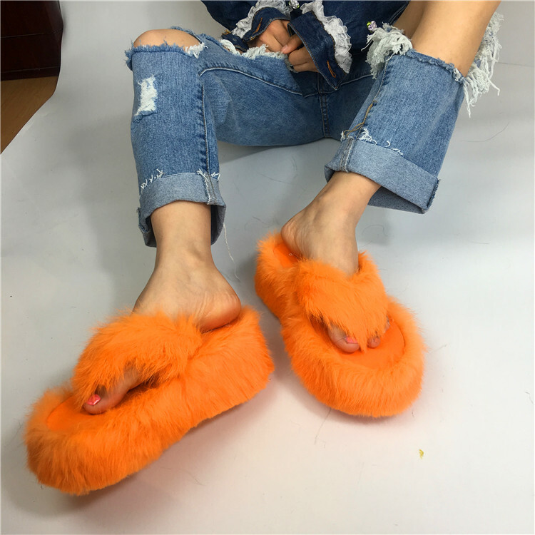 Women 100% Real Rabbit Fur Flip-flops Wedge Heel Sandals Slippers ...
