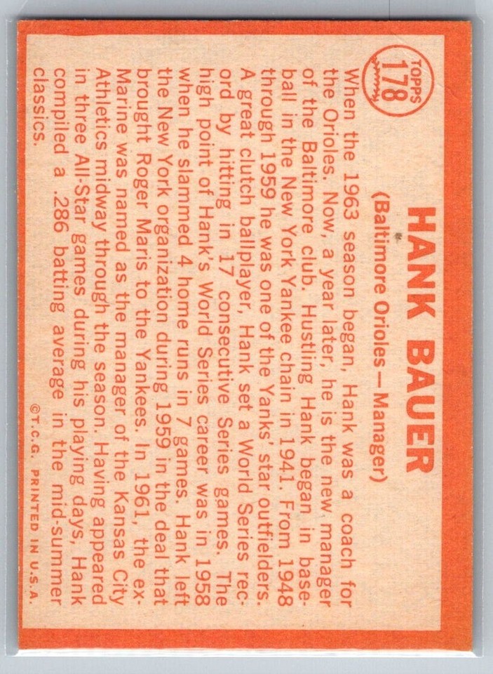 1964 Topps #178 Hank Bauer - Manager - Orioles | eBay
