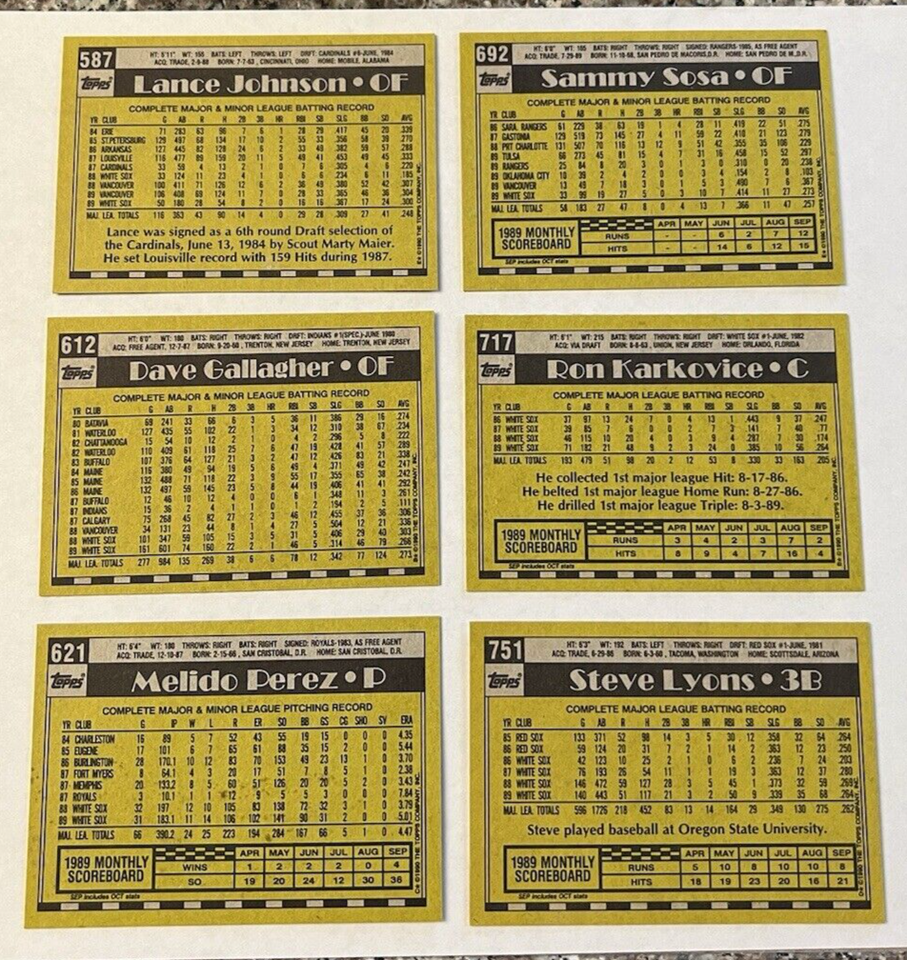 1990 Topps Chewing Gum MLB Card #692 Sammy Sosa Chicago White Sox DOB ...