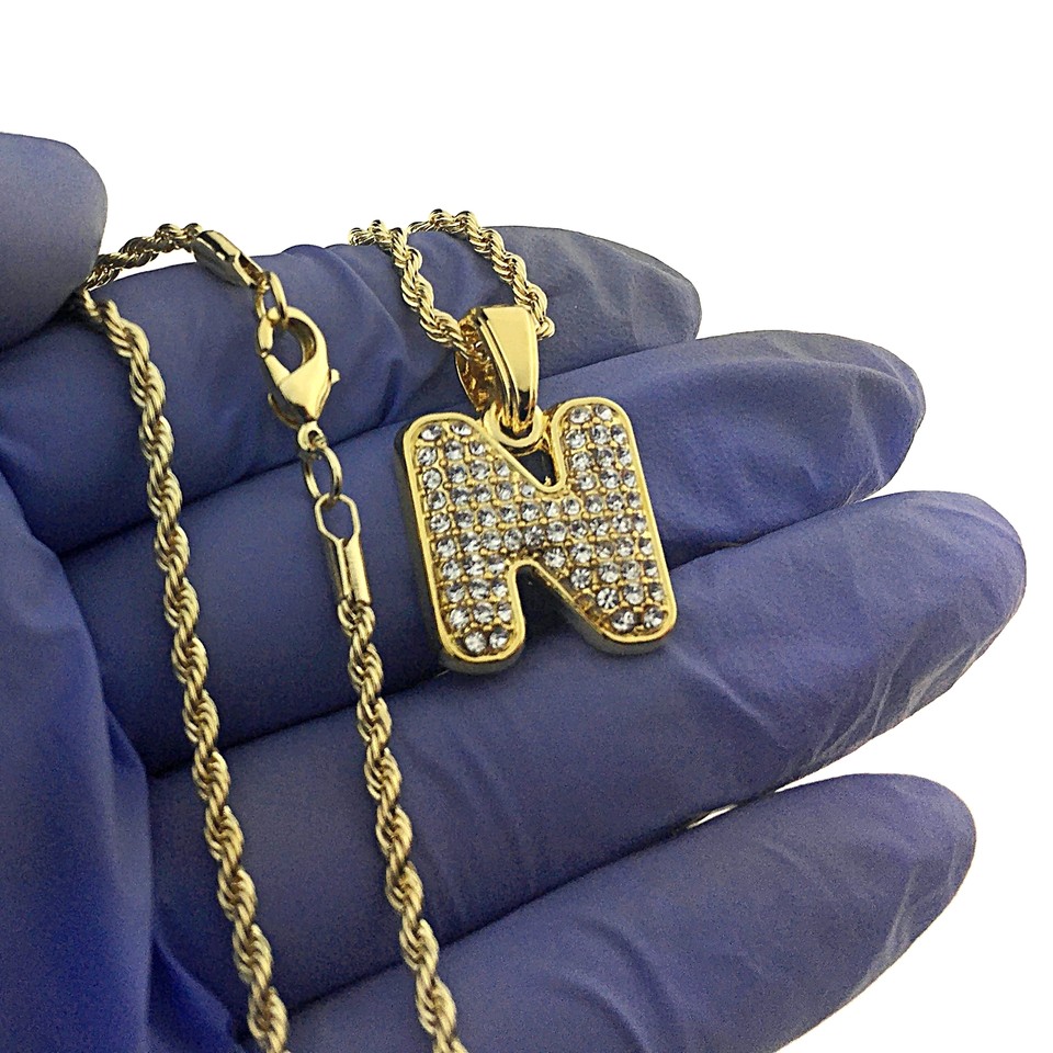 14K Gold Plated Micro Letter N Rope Chain Iced Initial Simulated CZ ...