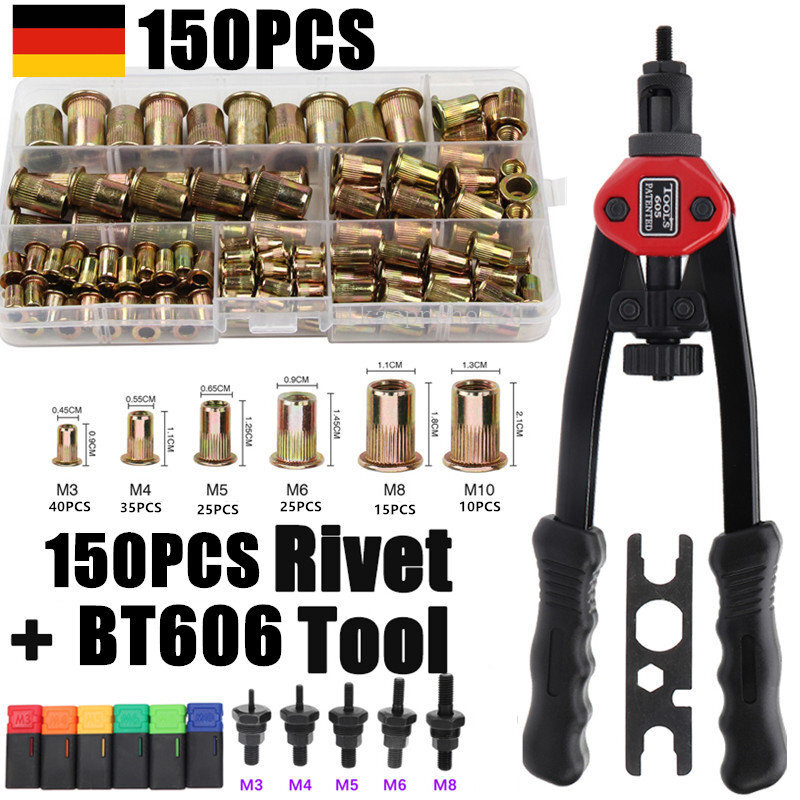 150x Profi Nietmutternzange Set Nietmaschine Gewinde Nuss Nieten M3-M8 ...
