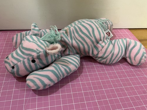 Vtg Ty Beanie Pillow Pal Zulu Zebra Plush Stuffed Animal Pink Green 13 ...